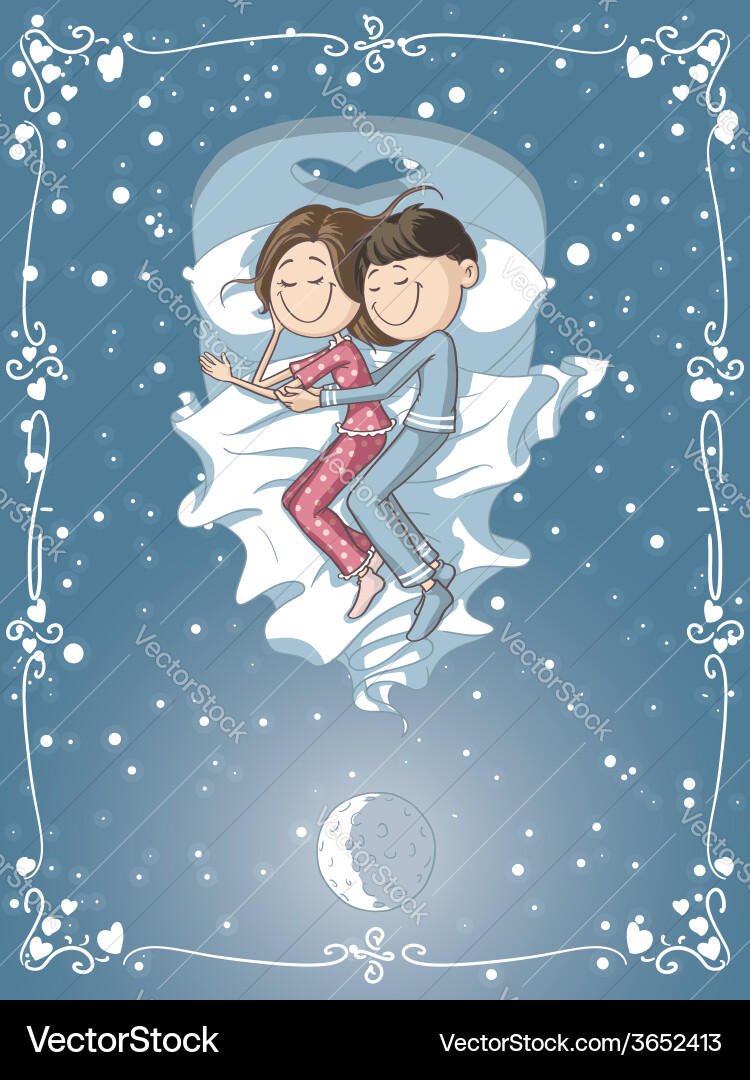 Cute cartoon couple cuddles in bed Royalty Free Vector Image