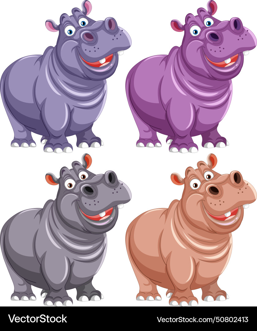 Four stylized hippos with cheerful expressions Vector Image