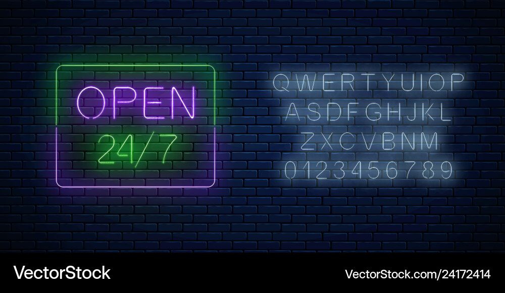 Neon open 24 hours 7 days a week sign Royalty Free Vector