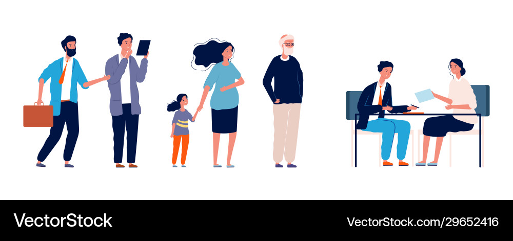 People in queue long wait reception adults kids Vector Image