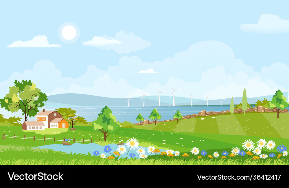 Panorama landscape spring village with green Vector Image