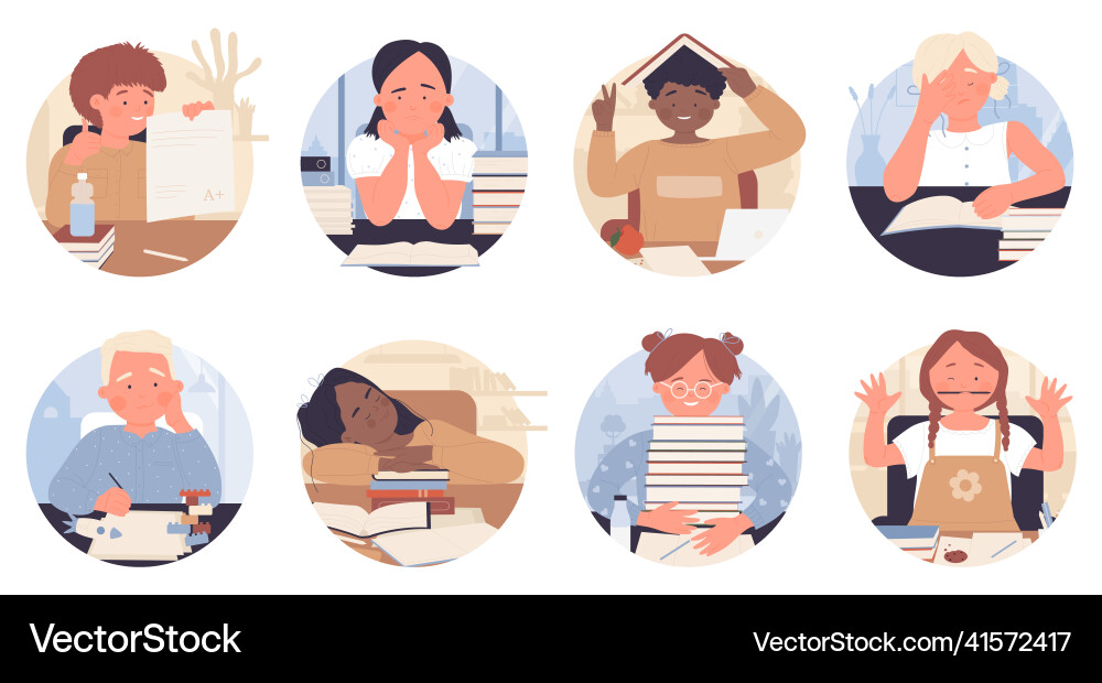 Student school children study in round avatar set Vector Image