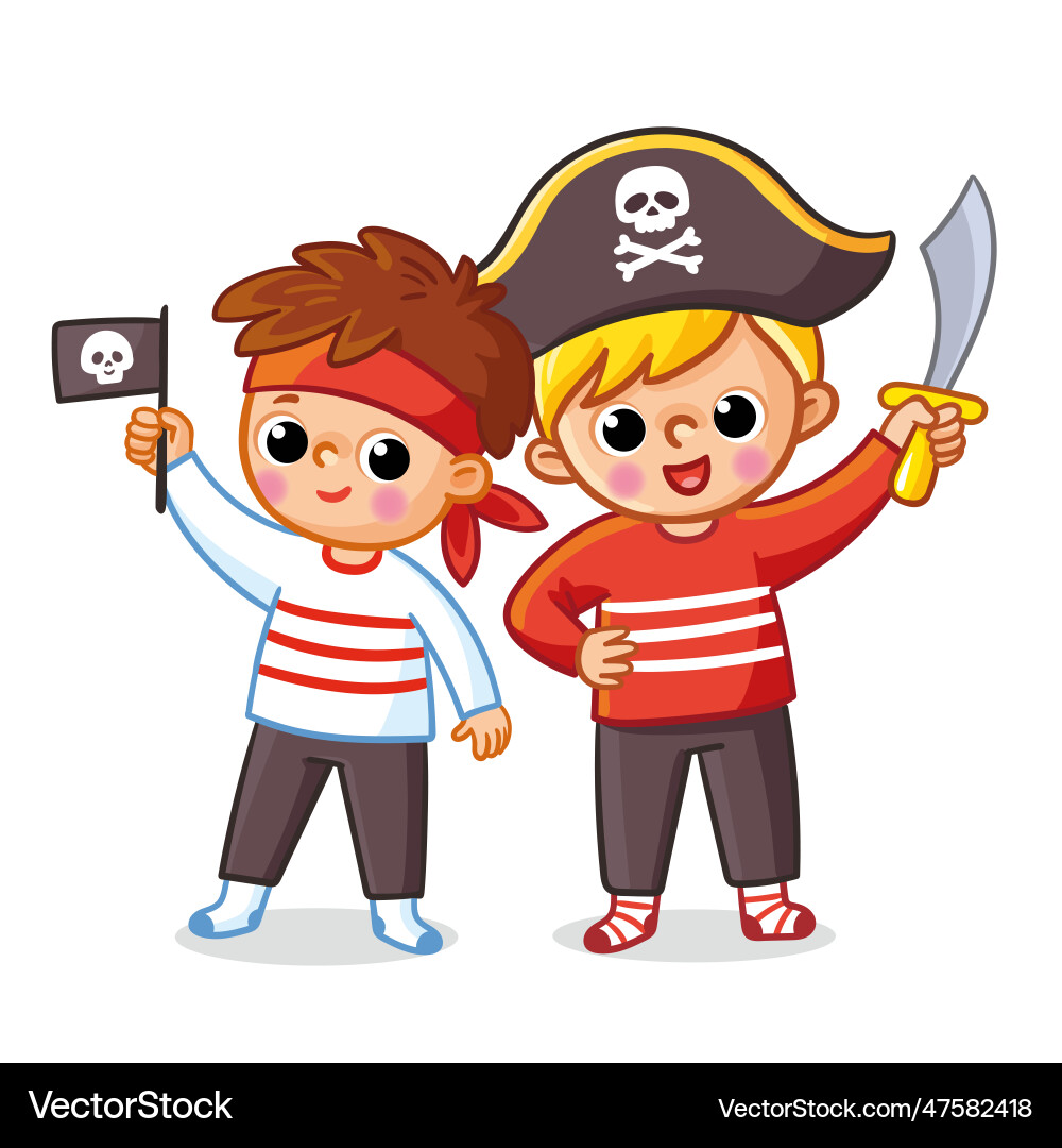 Little boys dressed up as pirates and play Vector Image