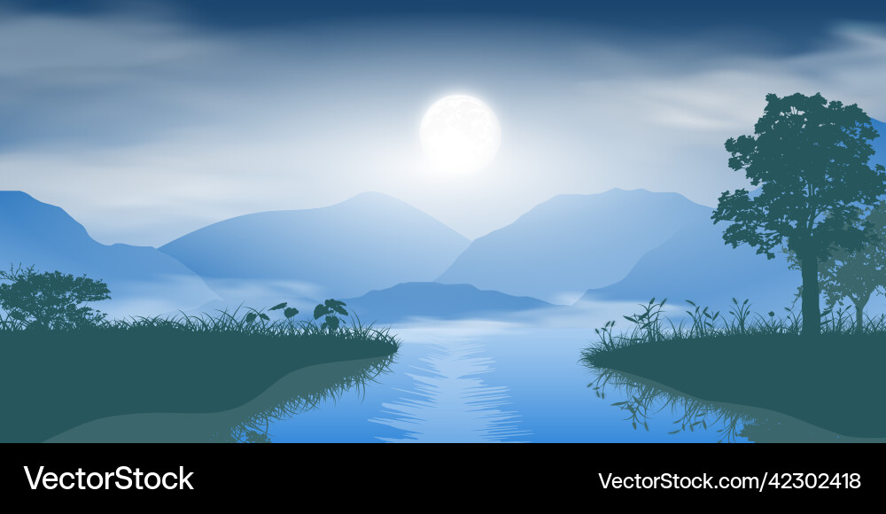 Tree and grass silhouette in lake Royalty Free Vector Image