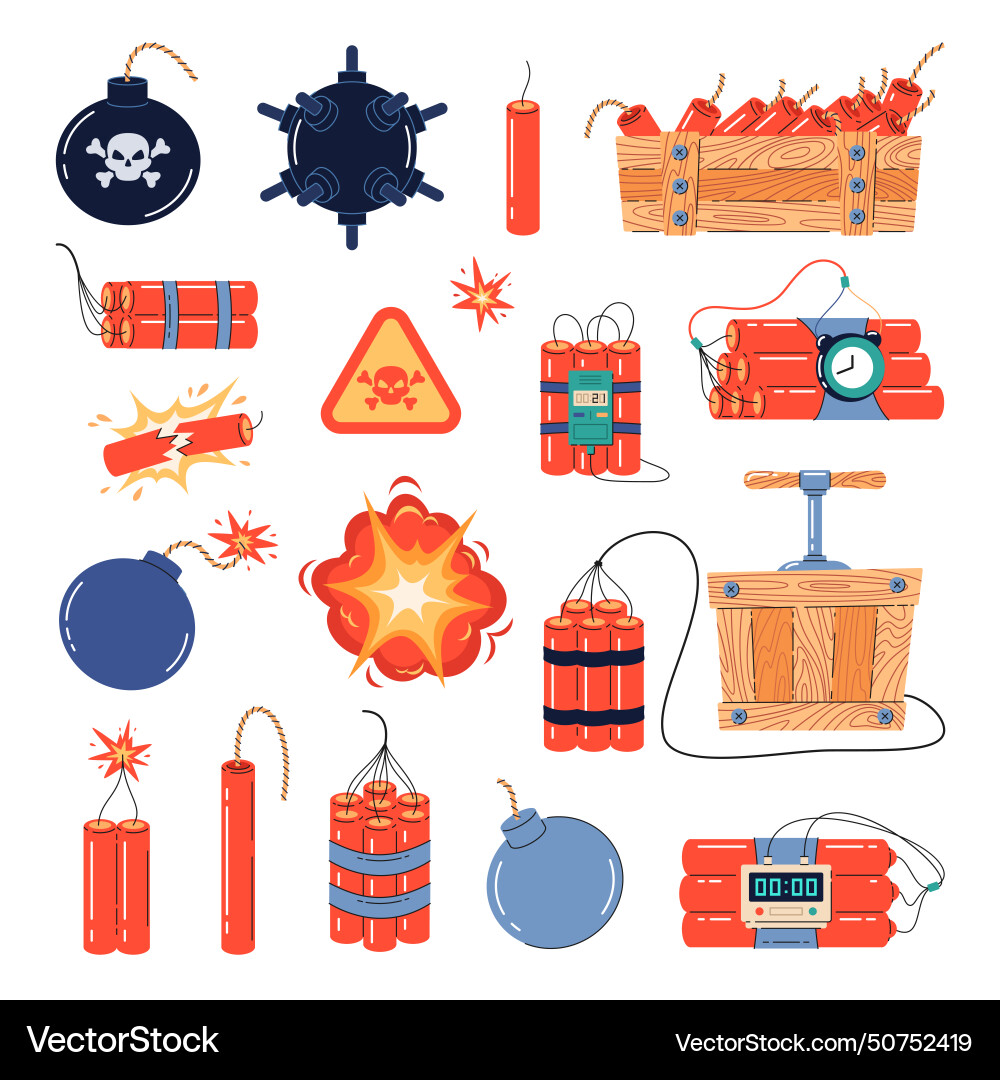 Explosives types cartoon dynamite and bombs Vector Image