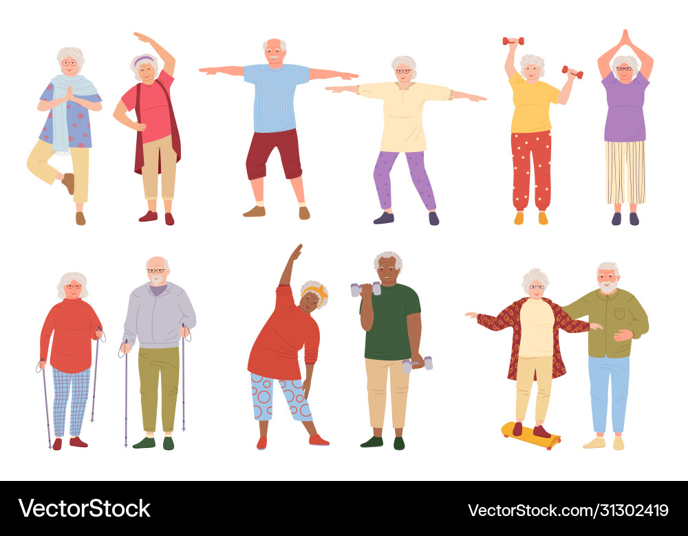 Healthy active older people cartoon set Royalty Free Vector