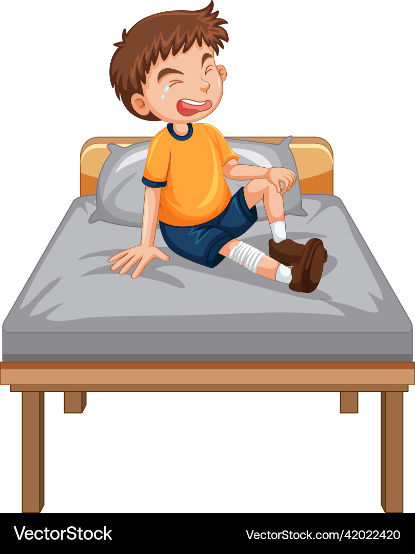 A boy with injure leg crying on the bed Royalty Free Vector
