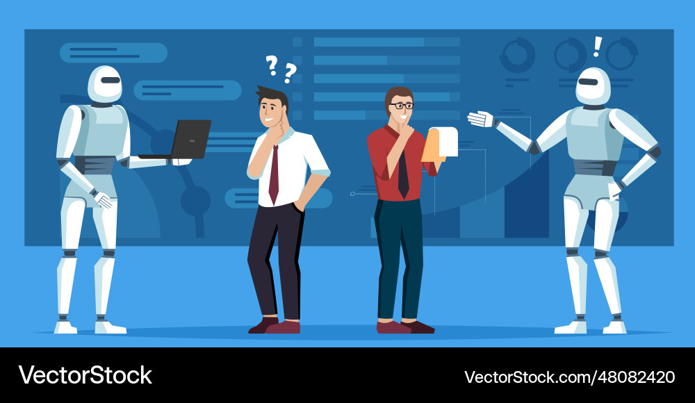 Robots with humans background helping Royalty Free Vector