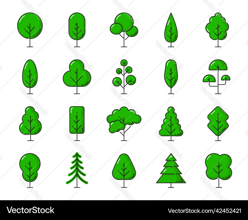 Forest green tree and plant outline icons Vector Image
