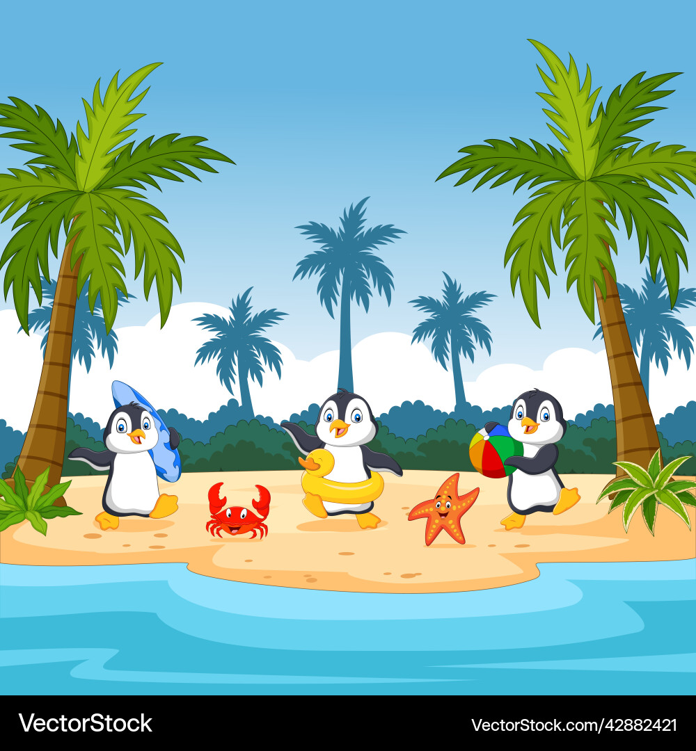 Three cartoon penguins on a tropical island Vector Image