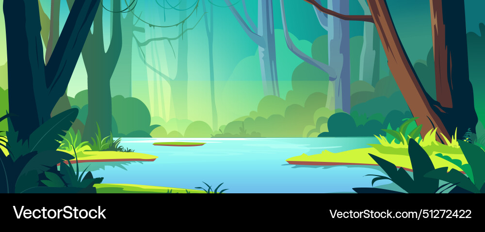 Tropical jungle with river background banner Vector Image