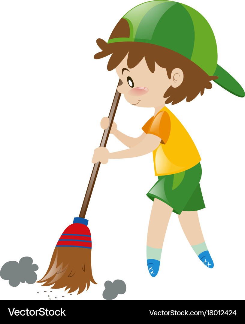 Boy sweeping floor with broom Royalty Free Vector Image