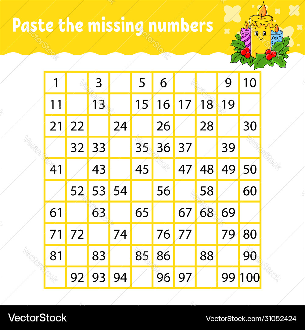 Missing Numbers 1-100 Worksheet Royalty Free Vector Image