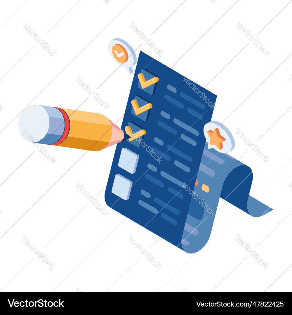 Isometric Checkmark Pencil on List Royalty Free Vector Image