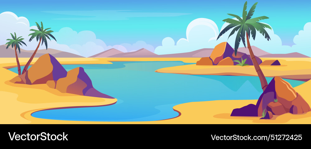 Oasis view in desert background banner cartoon Vector Image