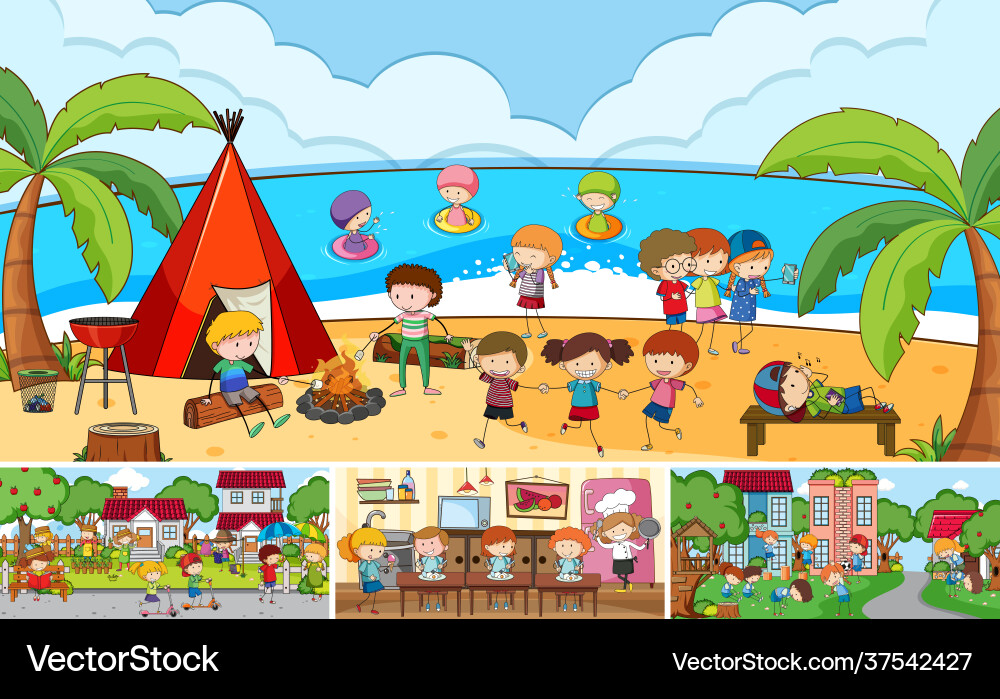 Set different outdoor house scenes cartoon Vector Image