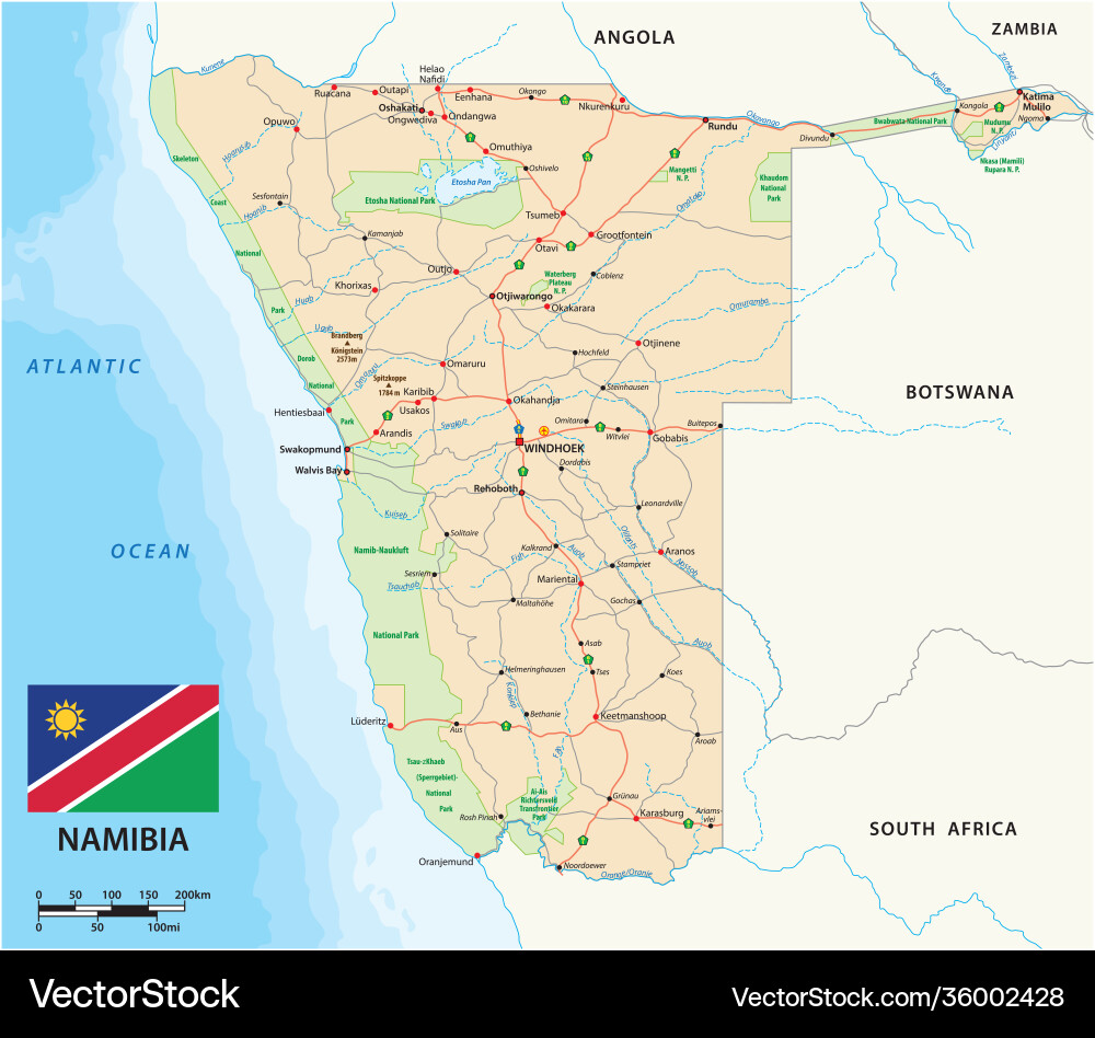 Road map namibia with flag Royalty Free Vector Image