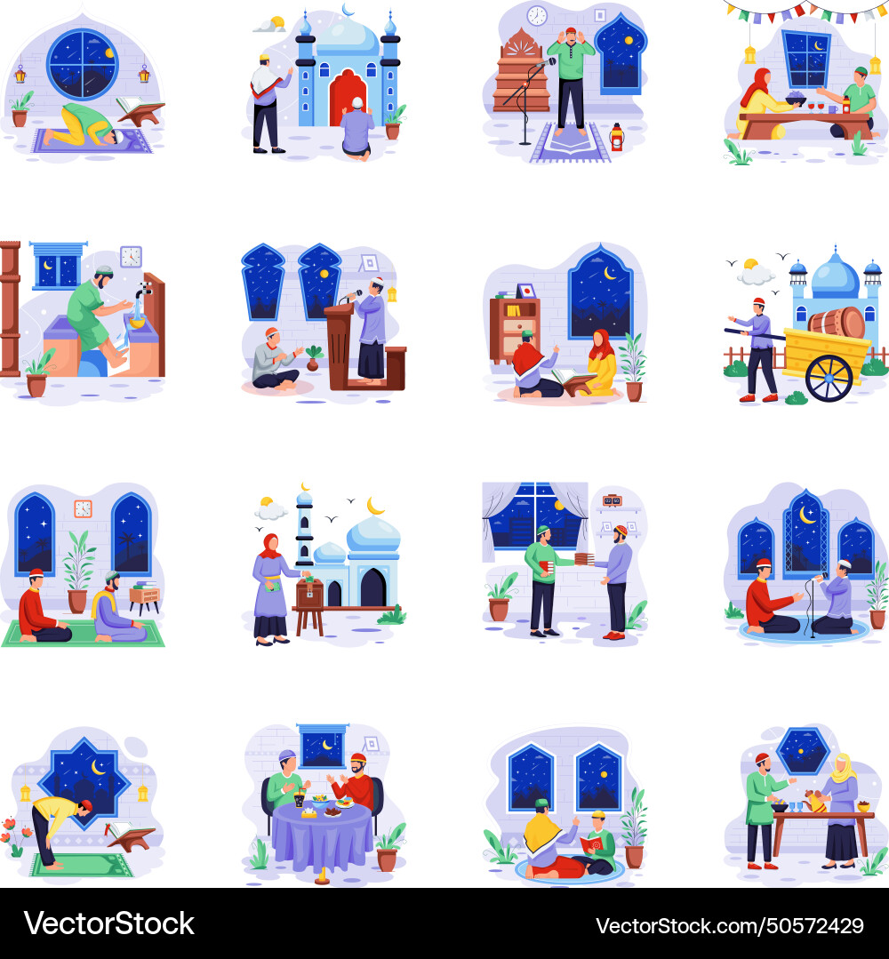 Bundle of muslim rituals flat character Royalty Free Vector