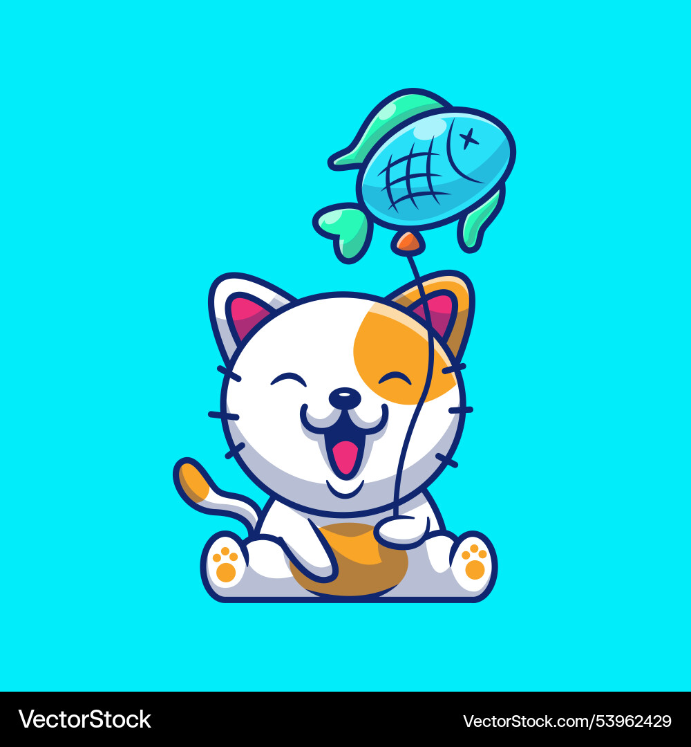 Cute cat playing fish balloon cartoon Royalty Free Vector