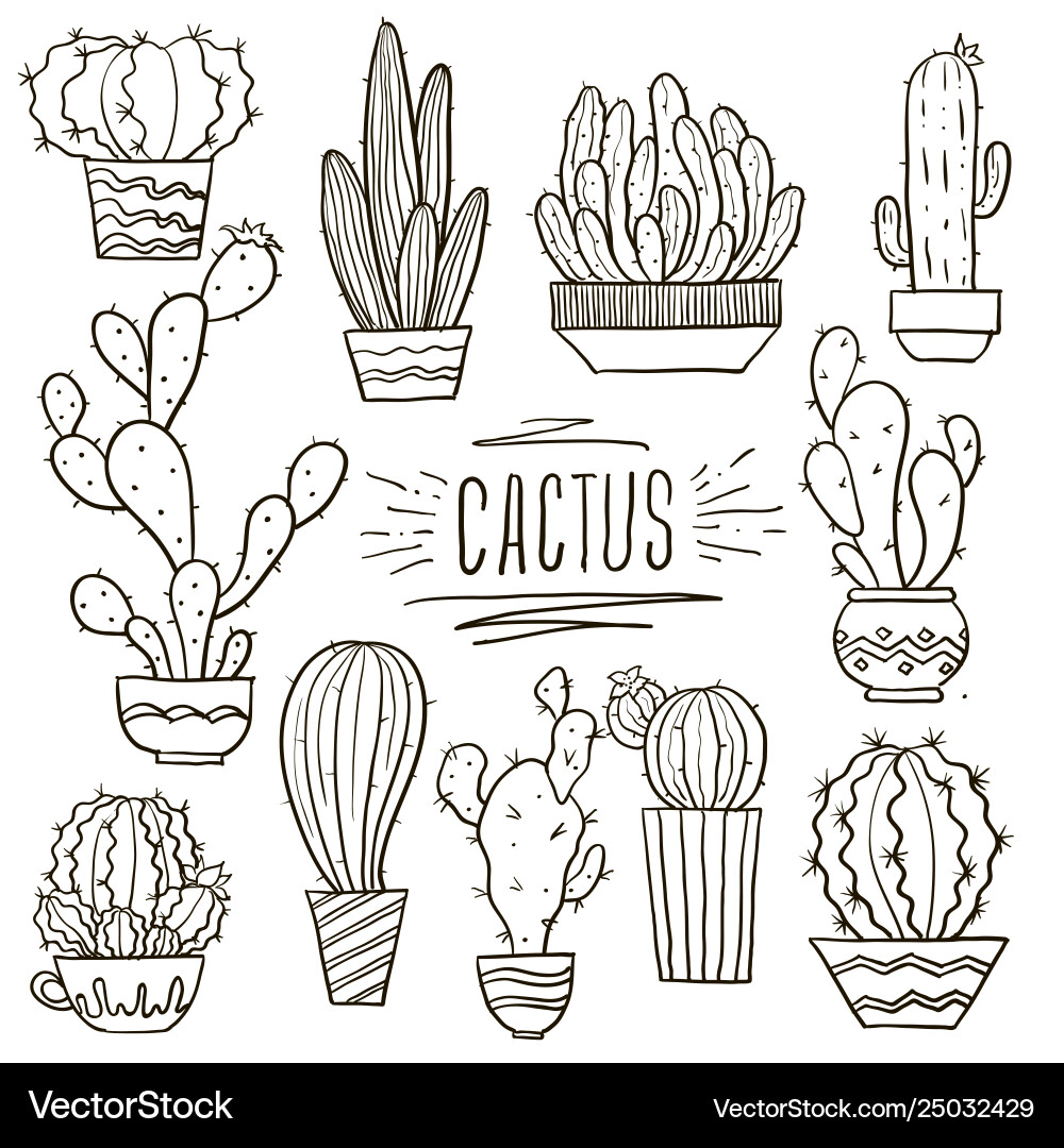 Set cacti doodle hand drawn Royalty Free Vector Image