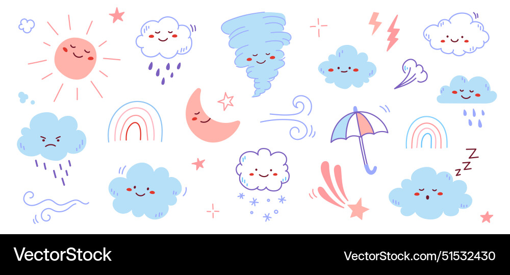 Cloud rain weather cartoon cute set cloud sun Vector Image