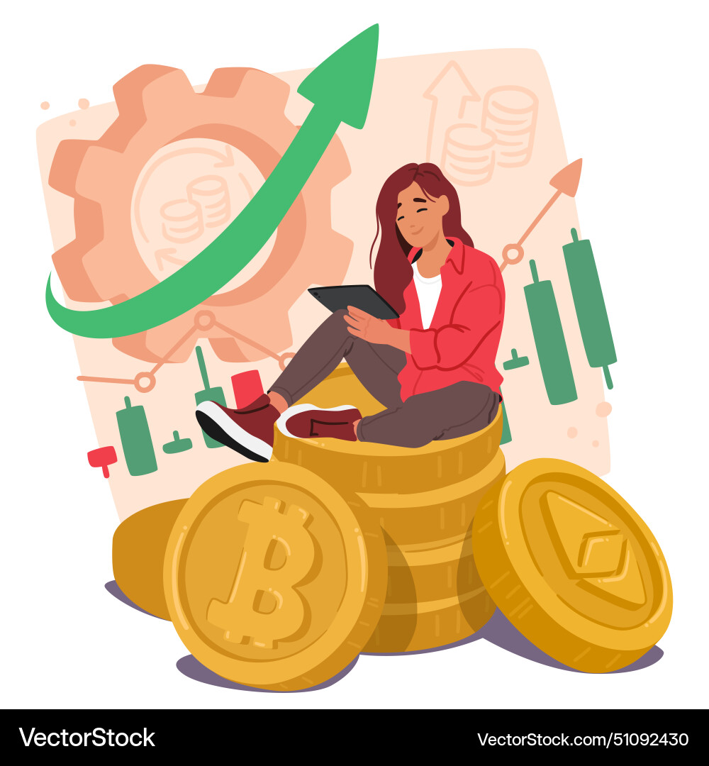 Female trader sitting on huge cryptocurrency pile Vector Image