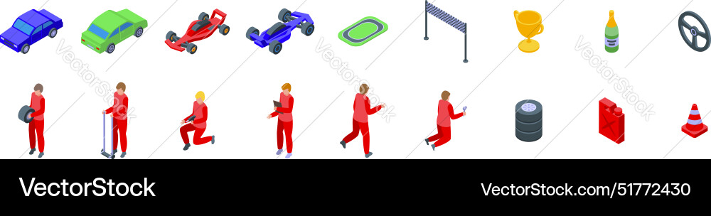 Racing car pit stop icons set team working Vector Image