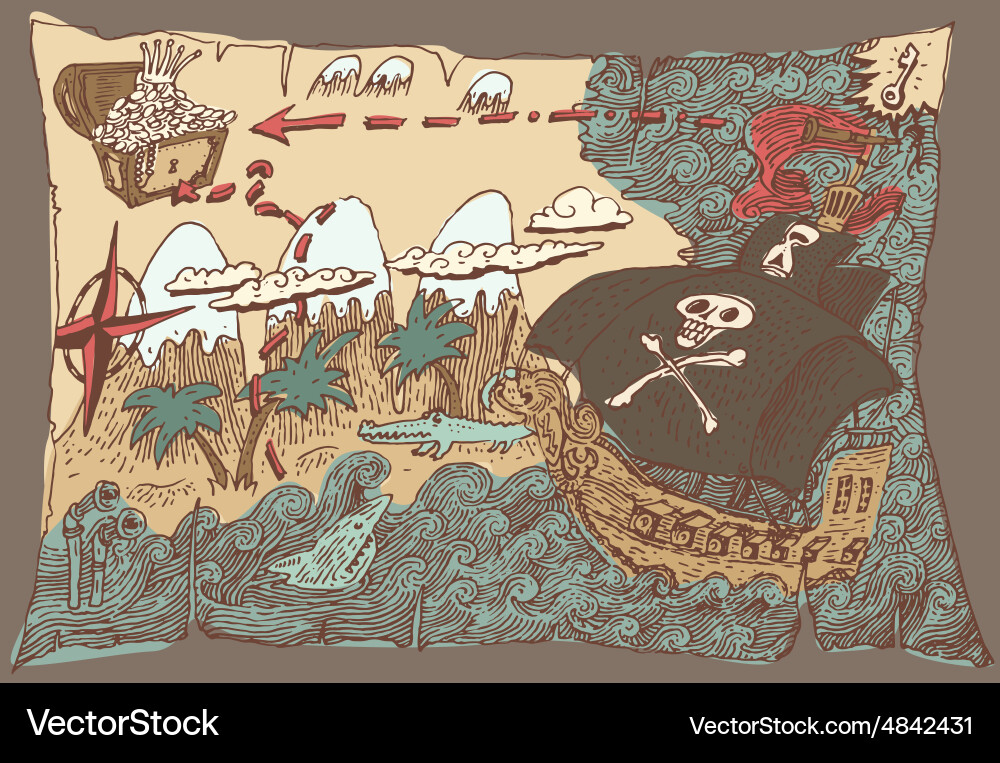 Island treasure map engaved Royalty Free Vector Image