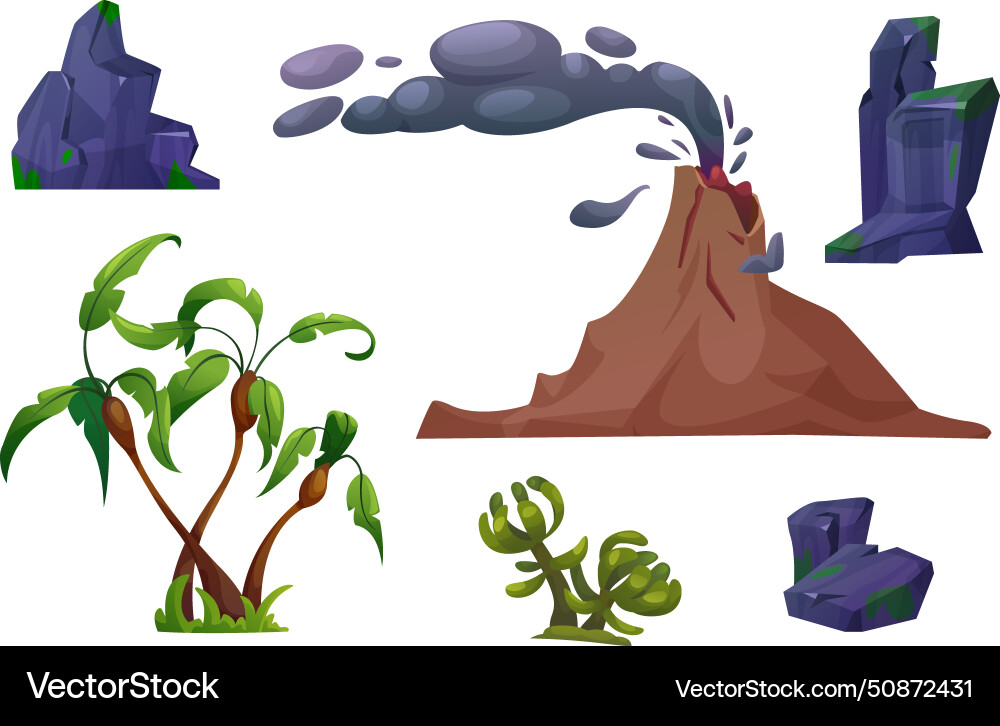 Volcanic eruption cartoon set Royalty Free Vector Image