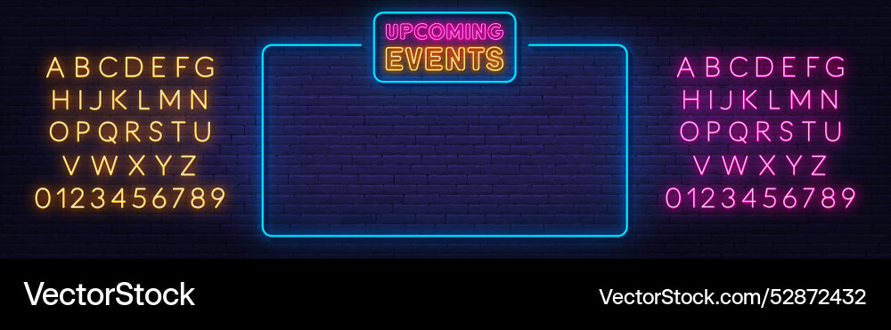 Upcoming event neon sign template in frame Vector Image