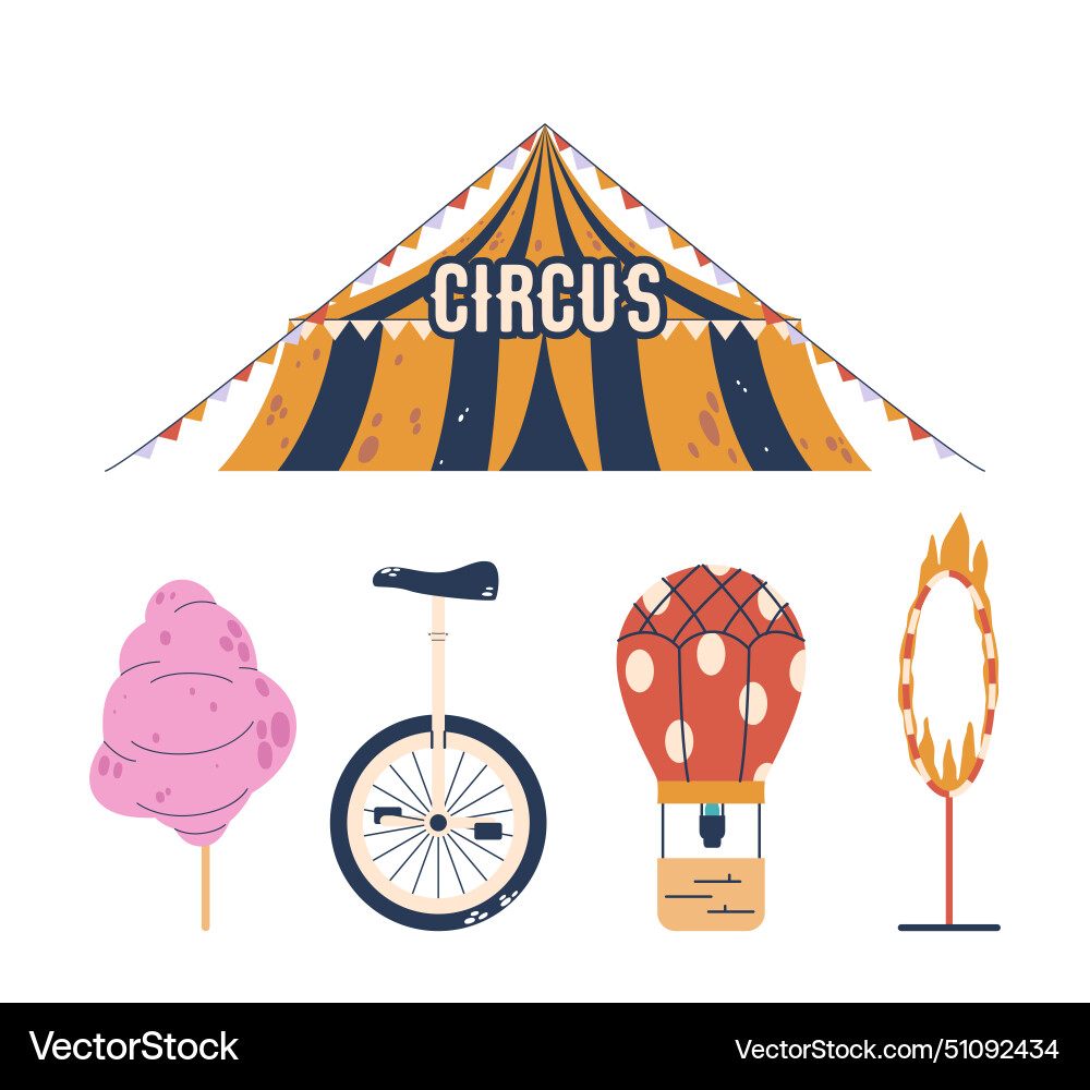 Circus items set big top tent candy cotton Vector Image