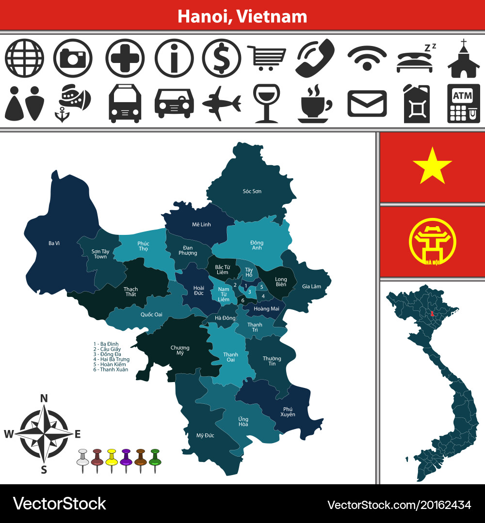 Hanoi Map with District Divisions Royalty Free Vector Image
