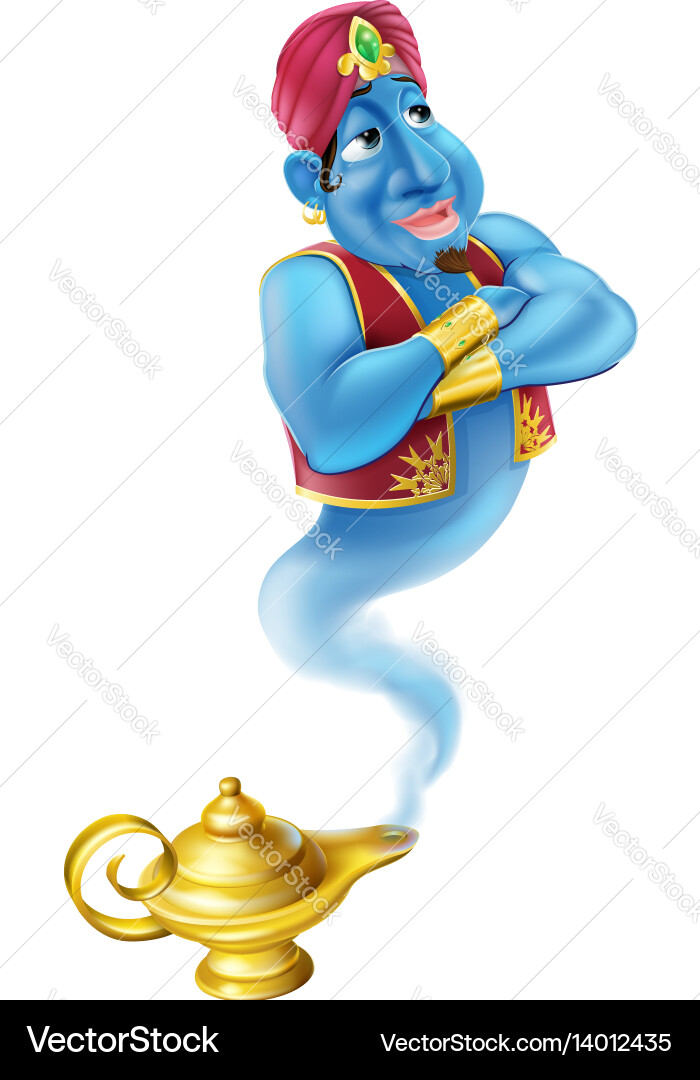 Friendly Genie and Magic Lamp Royalty Free Vector Image