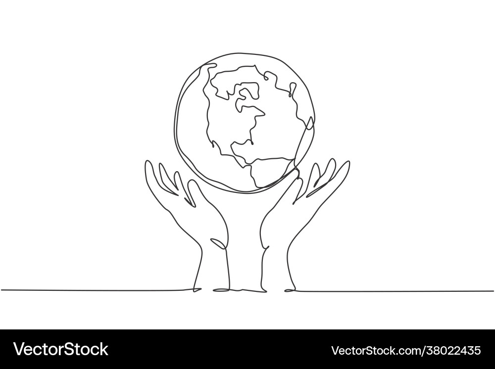 Single one line drawing hands holding earth Vector Image