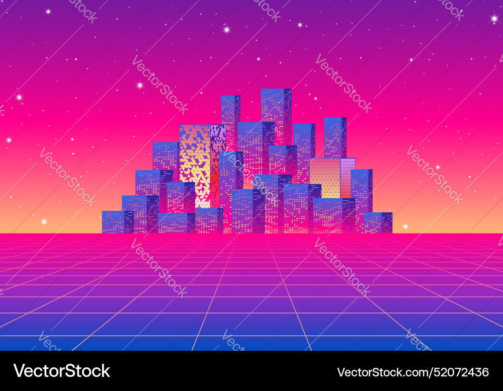 Neon city landscape with synthwave or 80s style Vector Image
