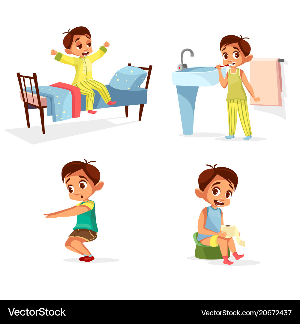Cartoon boy daily morning routine activity Vector Image