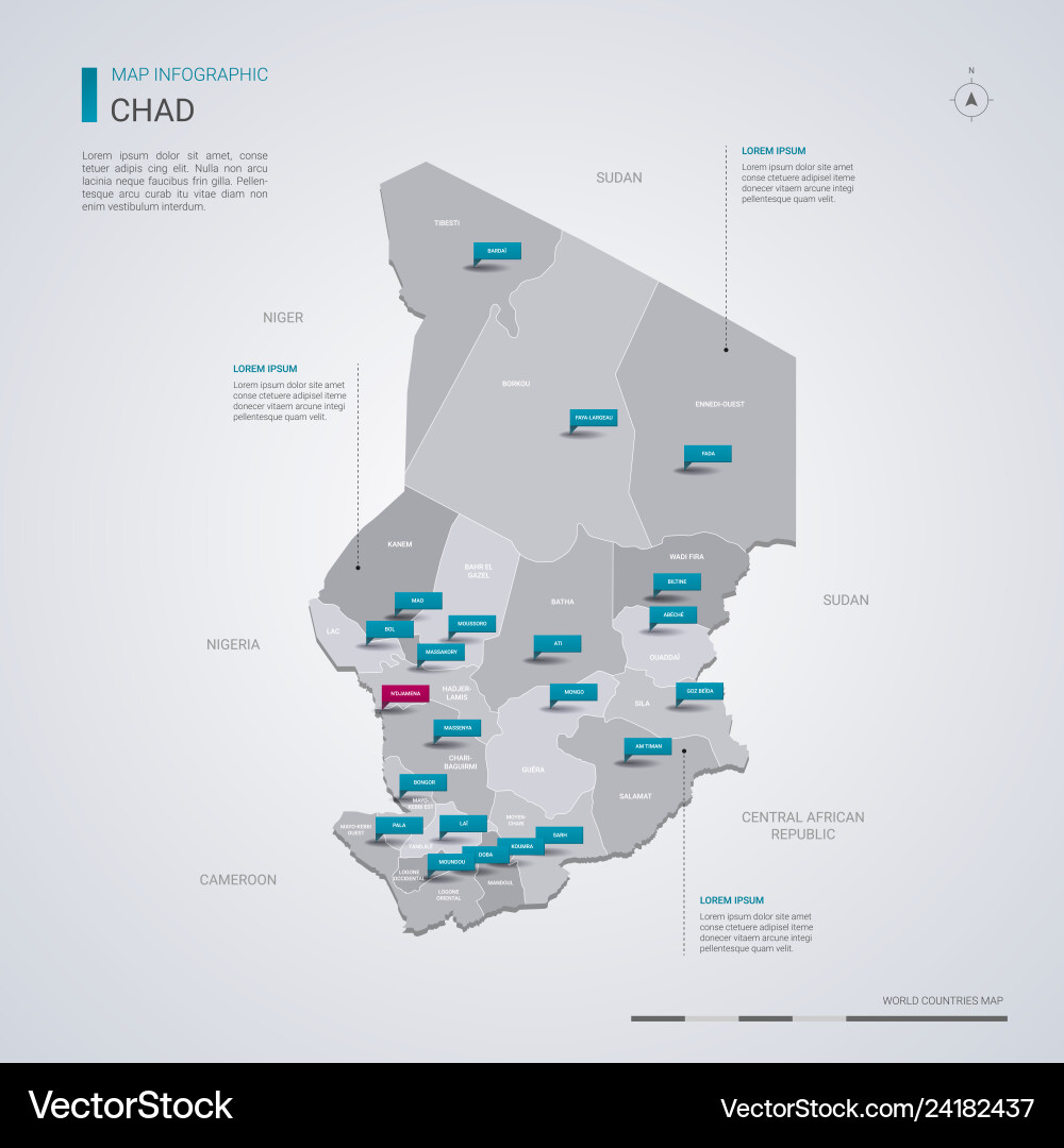 Chad map with infographic elements pointer marks Vector Image Chad map with infographic elements pointer marks Vector Image