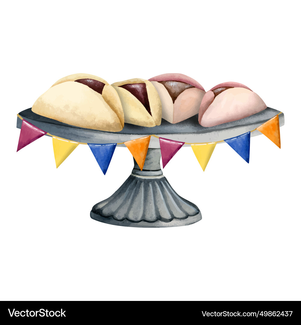 Purim hamantaschen triangle cookies on stand Vector Image