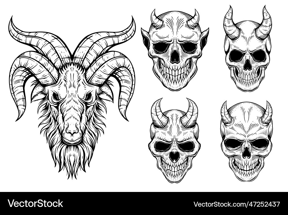 Set bundle dark art gothic skull demon horn Vector Image