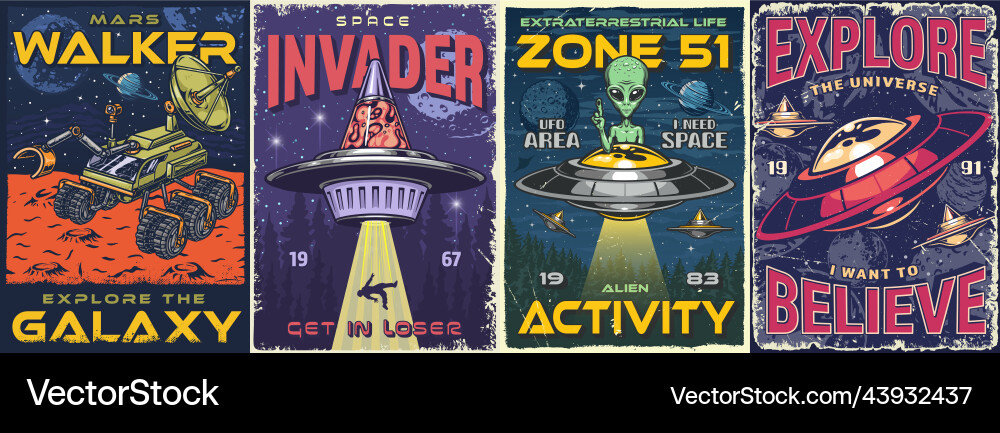 Space ufo set flyers colorful Royalty Free Vector Image