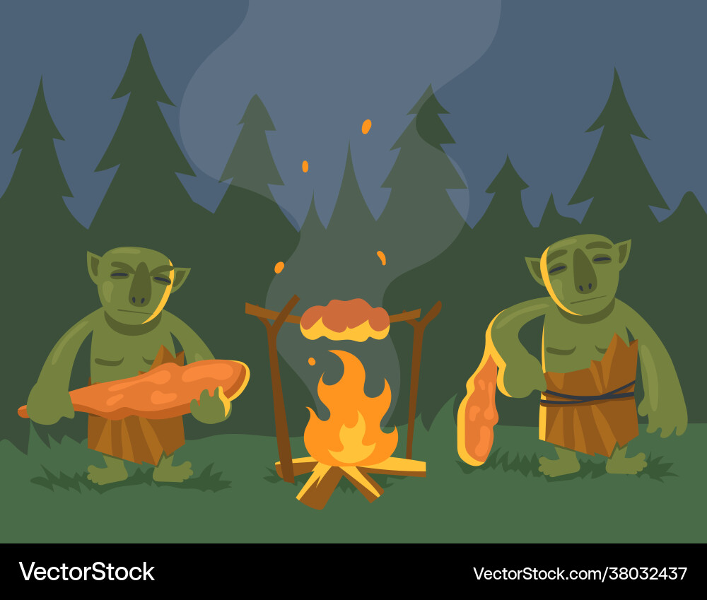Two cartoon green trolls near bonfire flat Vector Image