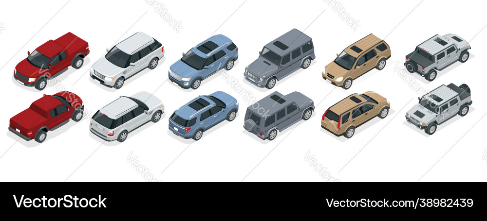 Isometric realistic suv cars set template on white