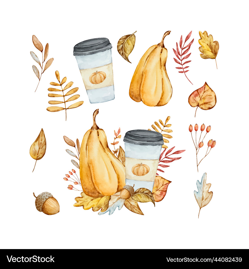Watercolor autumn composition pumpkin coffee Vector Image