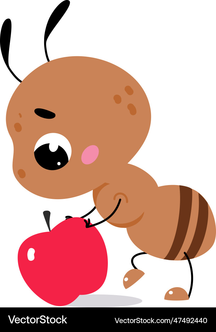 Cute brown little ant push red apple Royalty Free Vector