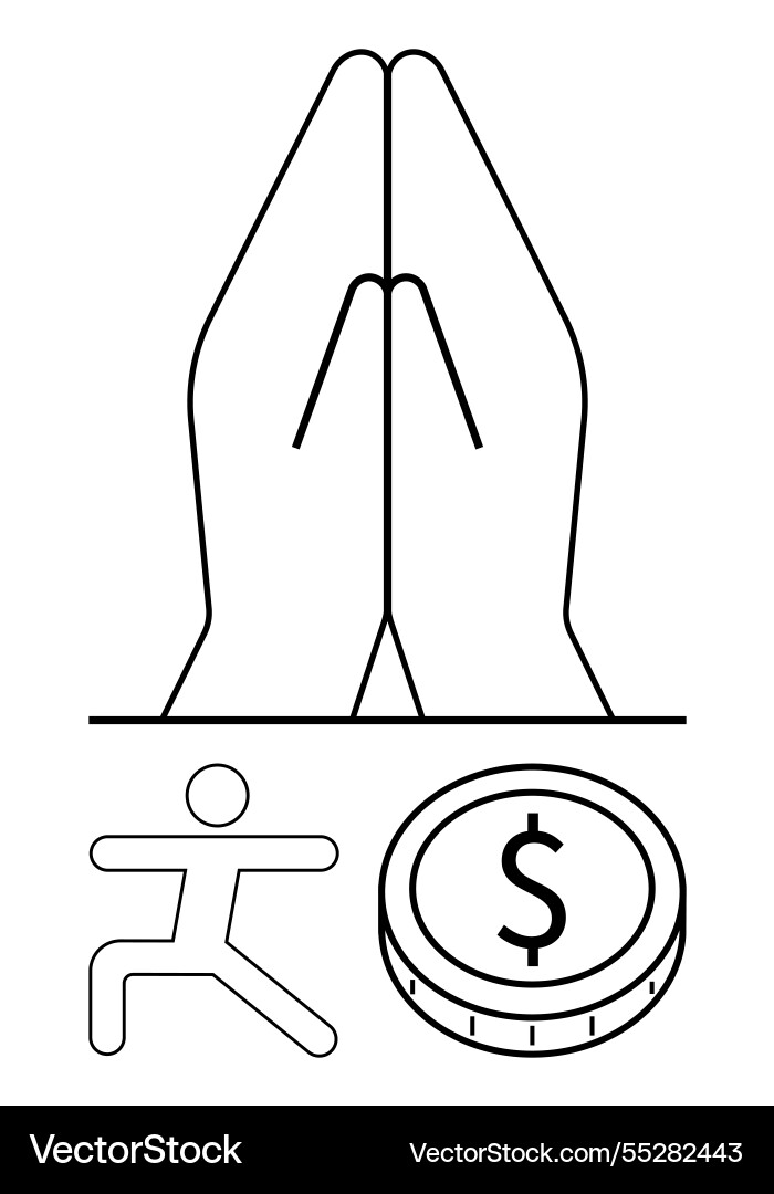 Hands in prayer gesture above coin and running Vector Image