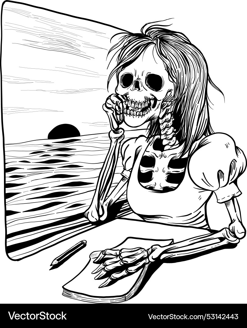 Skeleton girl is deep in thought Royalty Free Vector Image