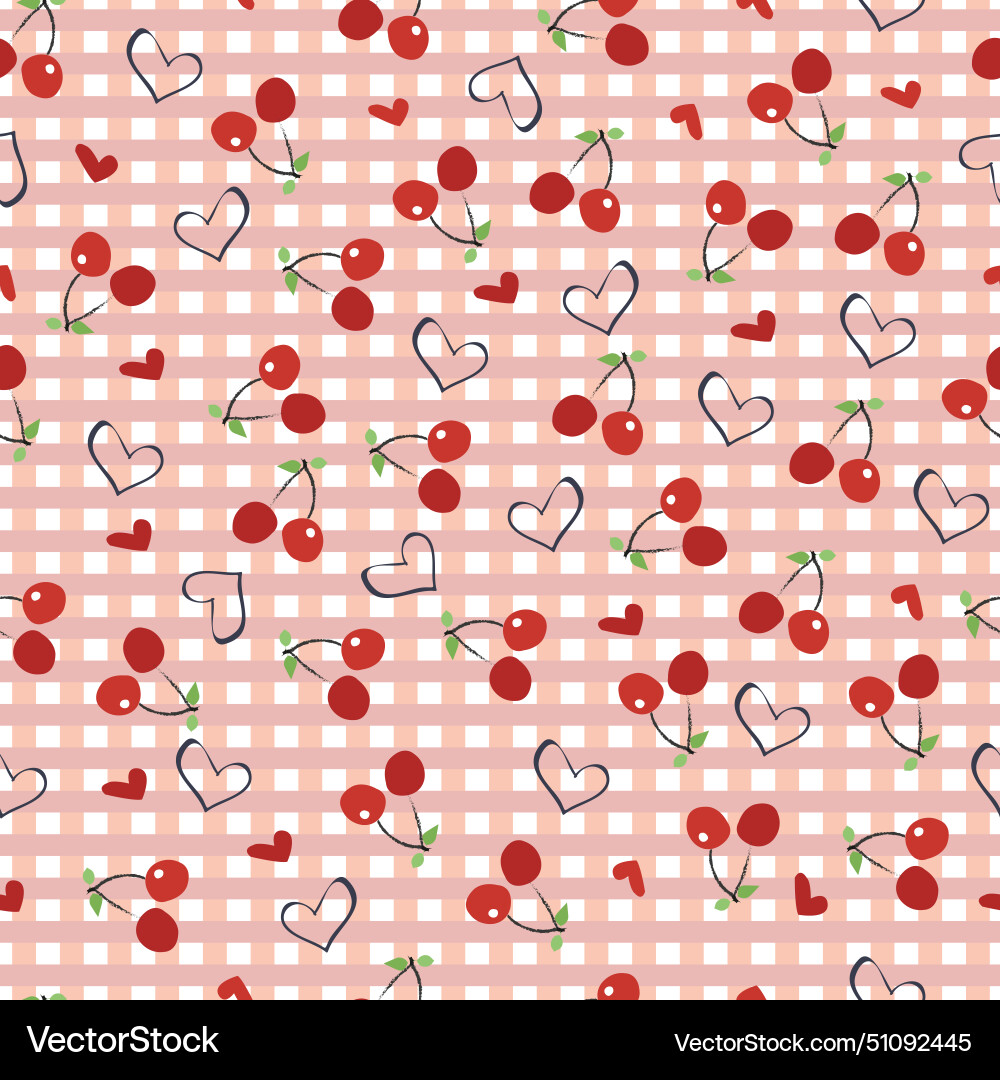 Cherries with plaid gingham print hearts seamless Vector Image
