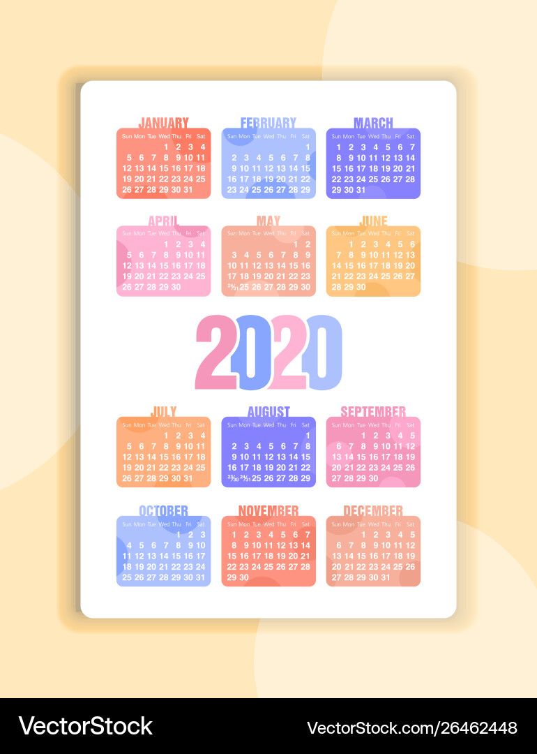Calendar 2020 year week starts from sunday Vector Image