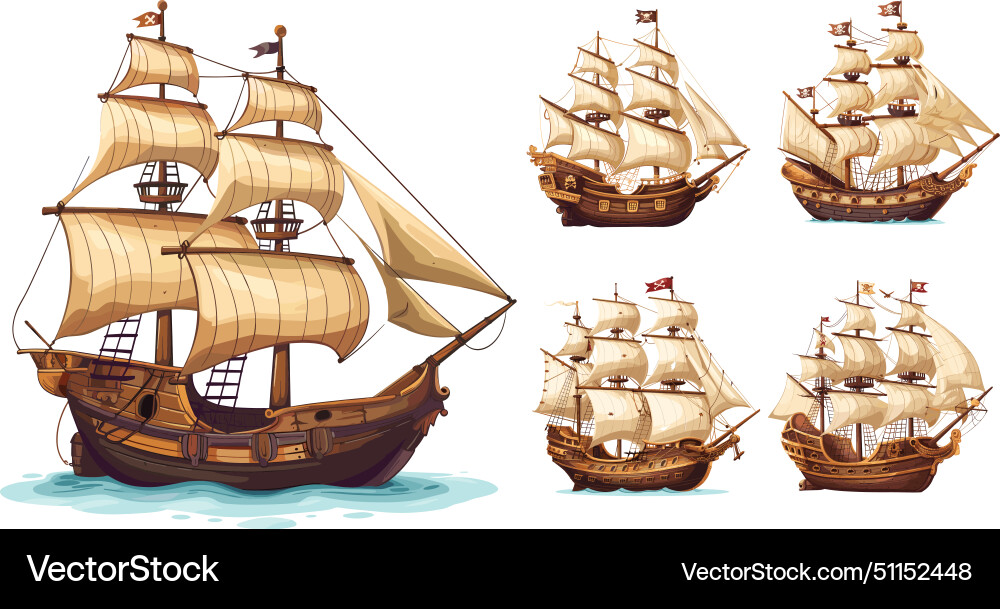 Pirate ships cartoon set sailing marine Royalty Free Vector