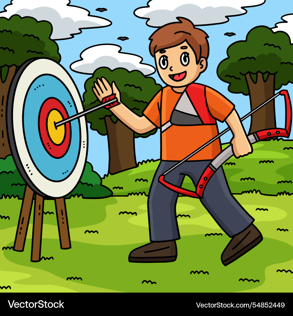 Archery archer retrieving arrow colored cartoon Vector Image
